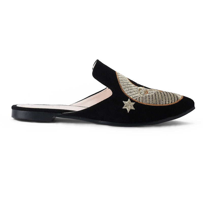 SUN-MOON EMBROIDERED MULES - BLACK x GOLD – Deeda