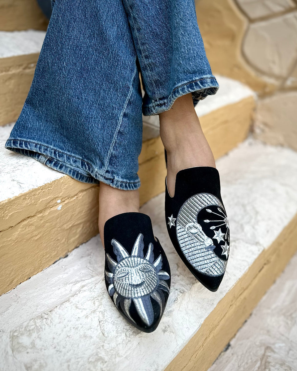 SUN-MOON EMBROIDERED MULES - BLACK x SILVER – Deeda