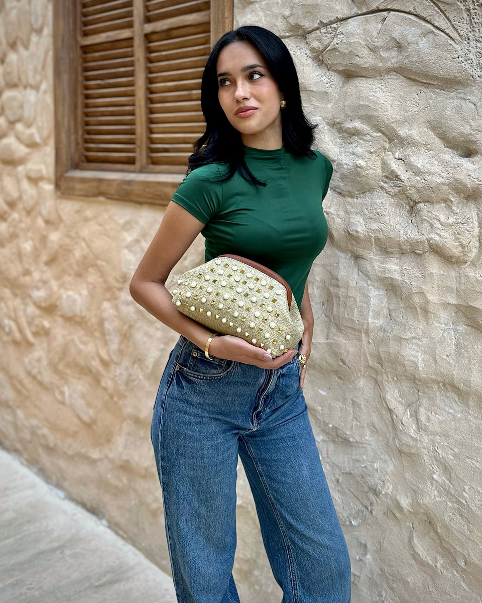 ZOE PEARL STUDDED RAFFIA - CAMEL – Deeda